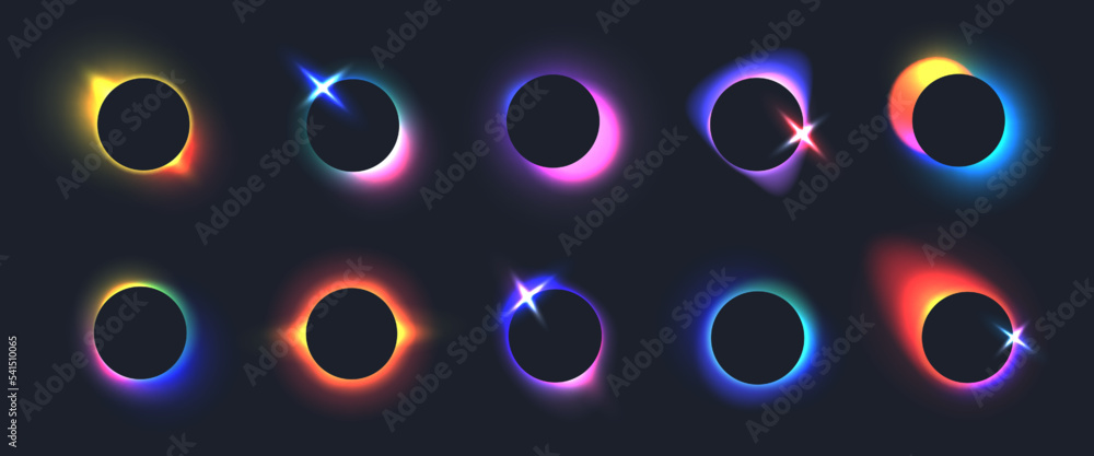 Black frames with blurred neon gradients and sparks, glowing circles ...