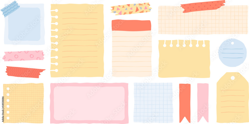 Cute sticky paper notes, blank notebook pages, tags, colorful washi ...