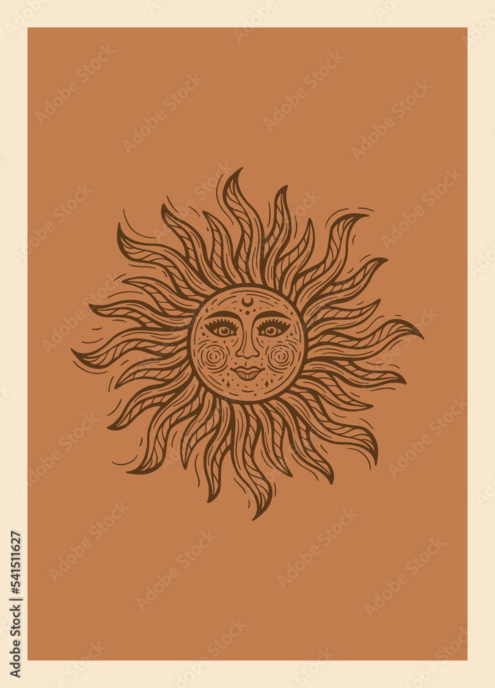Bohemian sun with face. Tarot card design. Mystical illustration ...