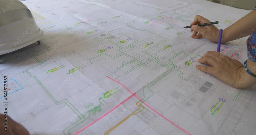 Two people analyze a technical drawing with highlighters in a technical ...