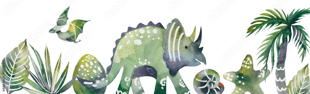 Watercolor Dinosaurs template. Horizontal banner with Dinosaurs and ...