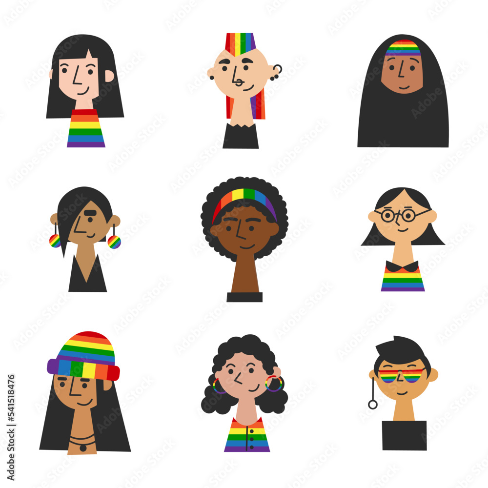 Female lgbt faces of various races, skin tones and hairstyles. Girl ...