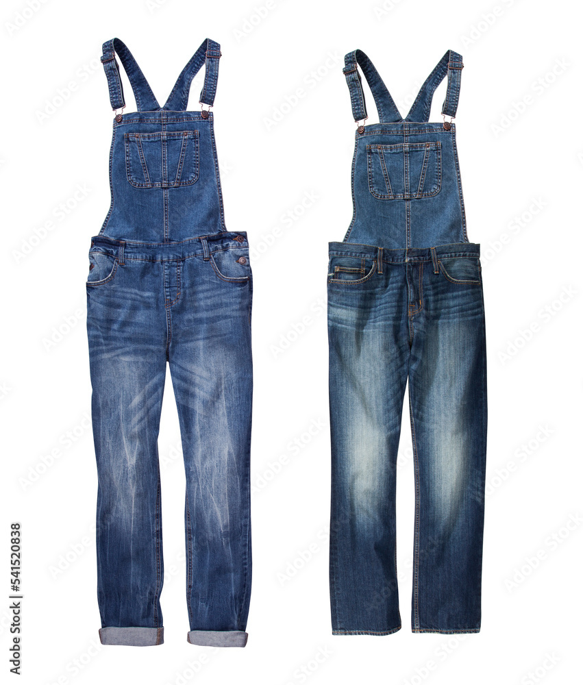 Blue denim overalls with fading. Isolated image on a white background ...