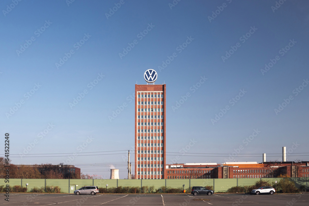 Volkswagen headquarters building with VW logo on top at the Volkswagen ...