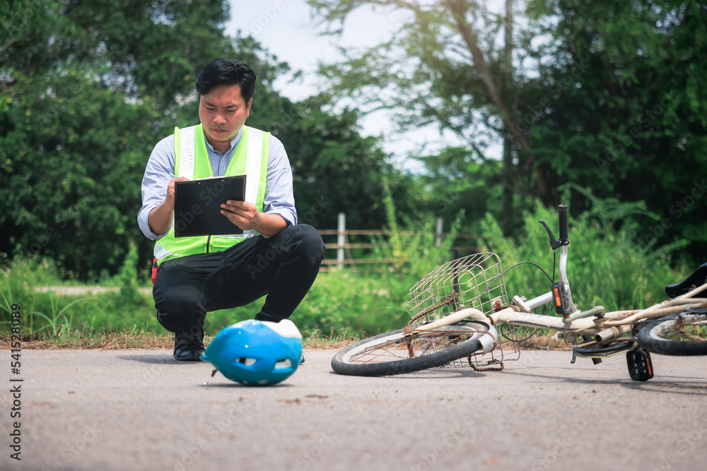 Accident, crash or collision on road. Include helmet, broken bicycle ...