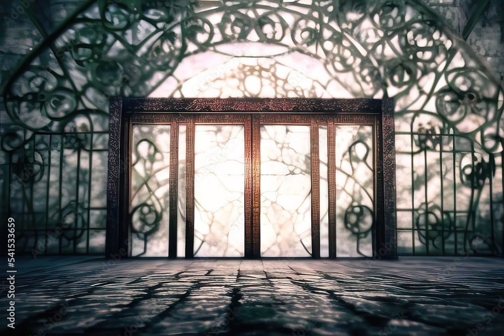 wooden gate in dim clouds in an empty room. Portal to another world ...