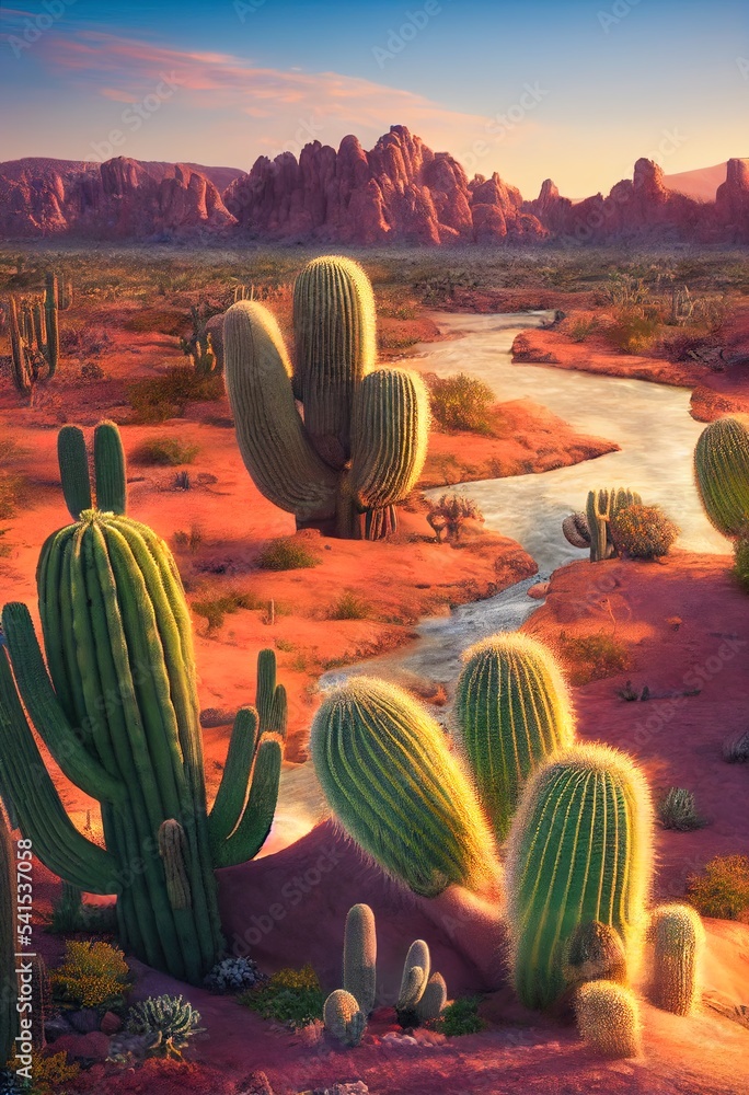 Oasis with Saguaro Cactuses and Flowers - Beautiful Mexican Desert ...