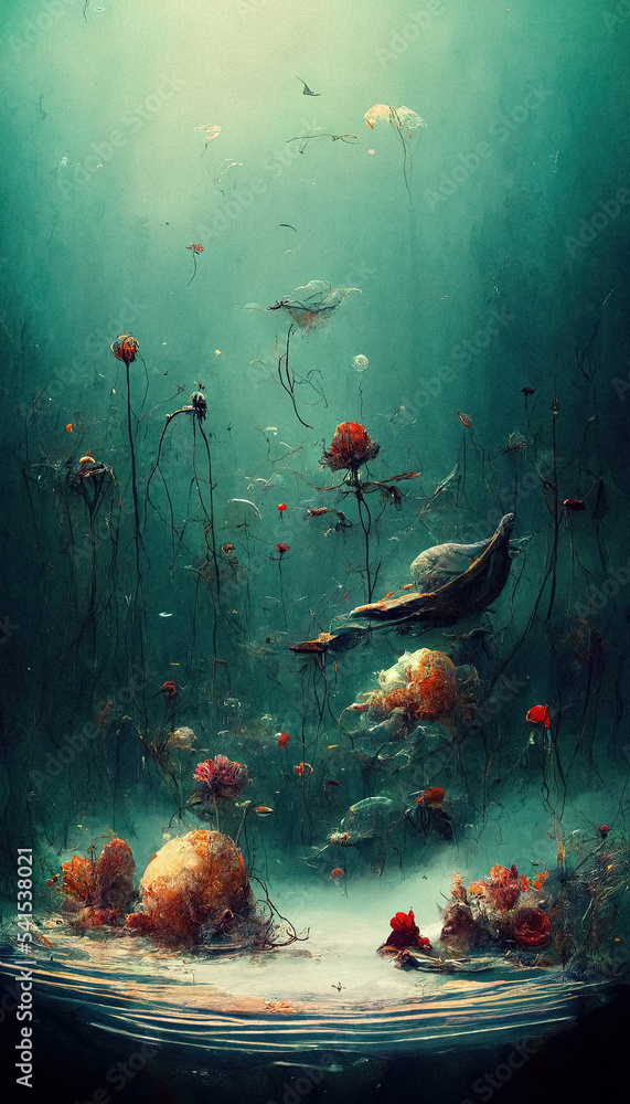 Abstract digital painting of fish and sea creatures swimming in the ...