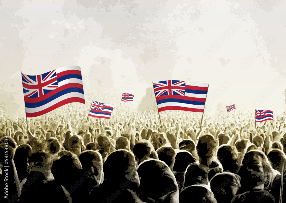 Crowd with the flags of Hawaii, people cheering national team of Hawaii ...