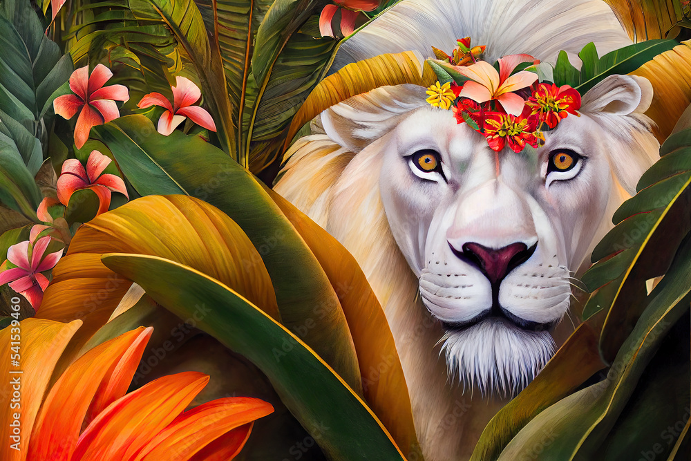 Magnificent white lion with a wreath of flowers on his head peeks out ...