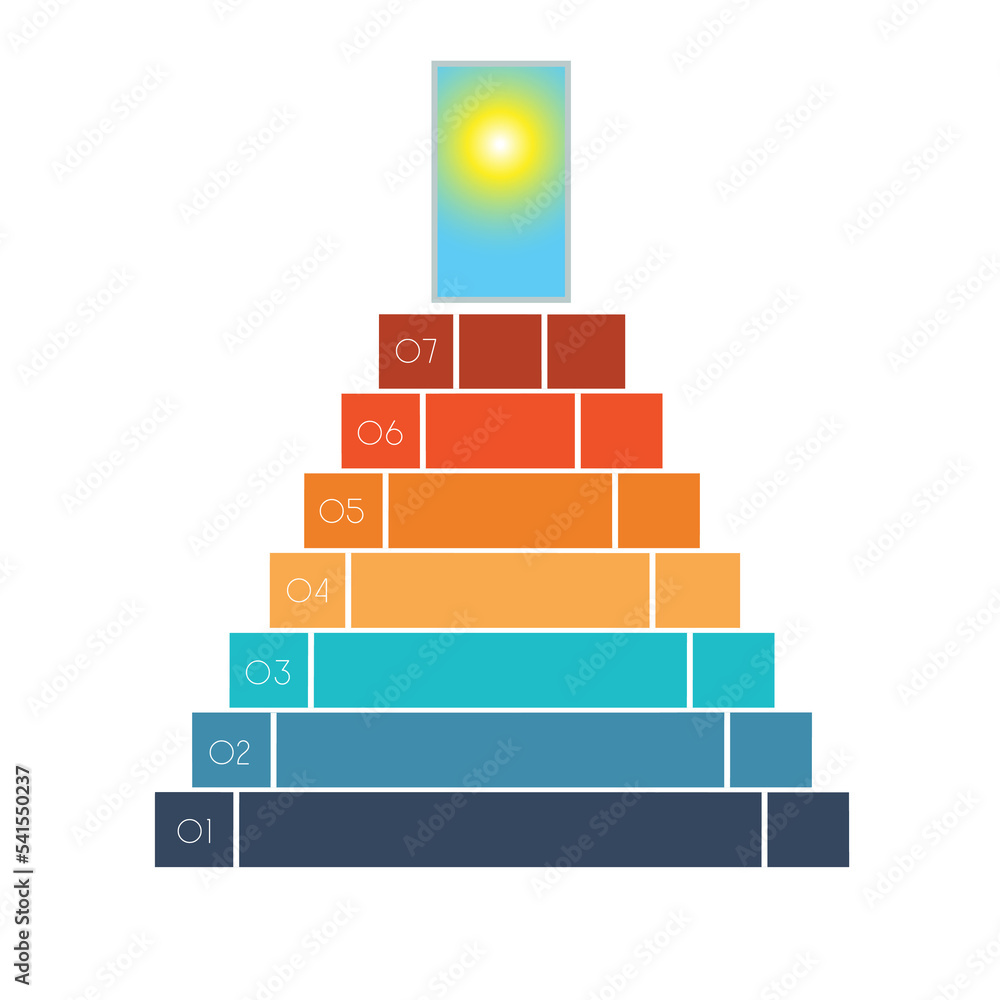 Infographic templates, colorful pyramid, sky, sun on top, 7 positions ...