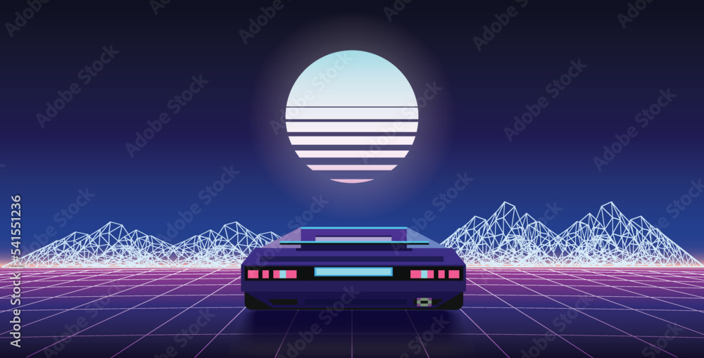 80s retrowave background, 3d vector illustration. Retro video racing ...