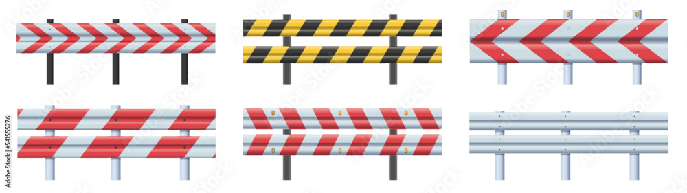 Guard rails. Highway roadside barrier, striped caution guardrail and ...