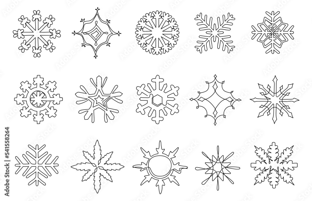 Continuous one line snowflakes. Hand drawn flake, winter holiday snow ...