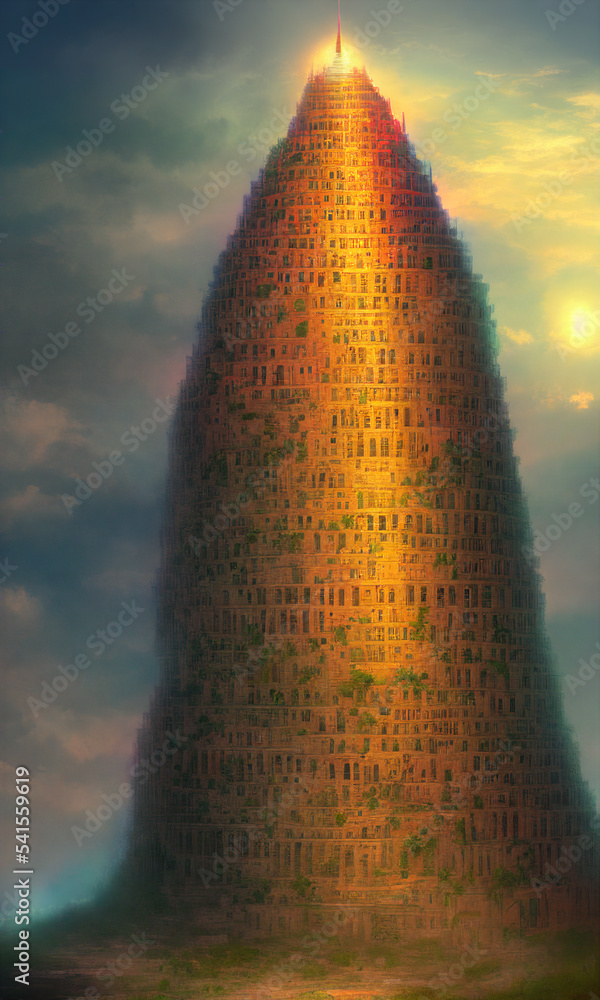 Painting of an epic giant old mystical tower, tower of babel, fantasy ...