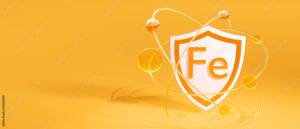 mineral iron, the element fe on the shield and flying atoms. wide ...