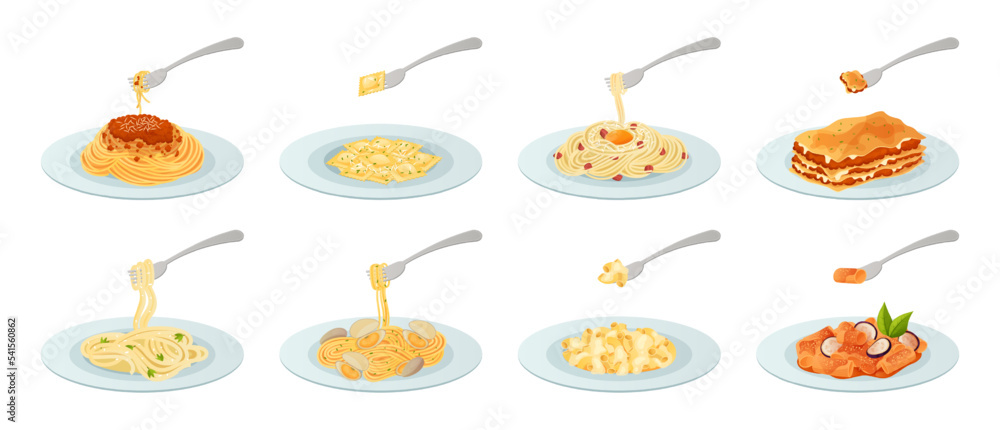 Cartoon pasta dishes. Carbonara with egg, bolognese and lasagna on fork ...