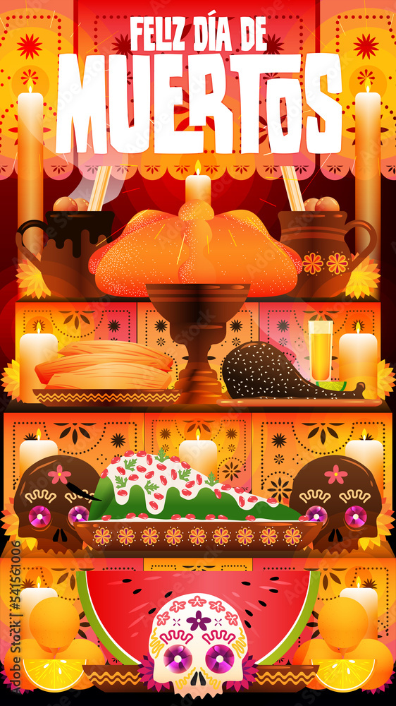 Póster Ilustración vertical de ofrenda para día de muertos con fruta ...