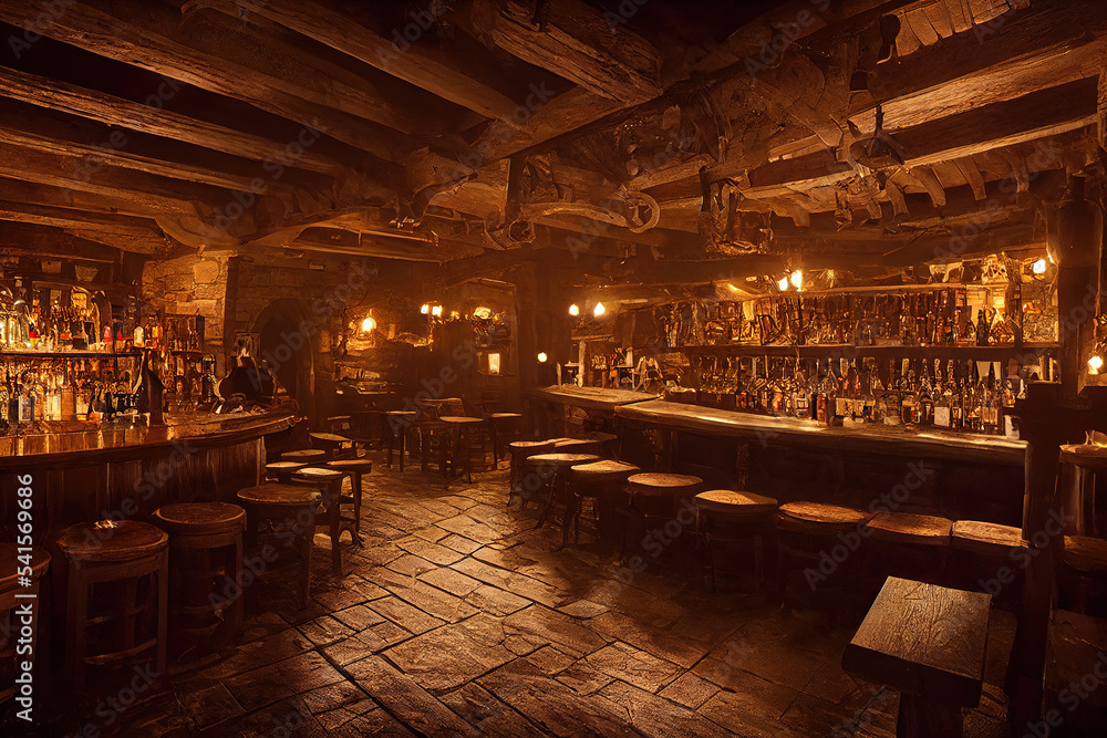 Wide panoramic view of the bar area in a fantasy medieval tavern ...