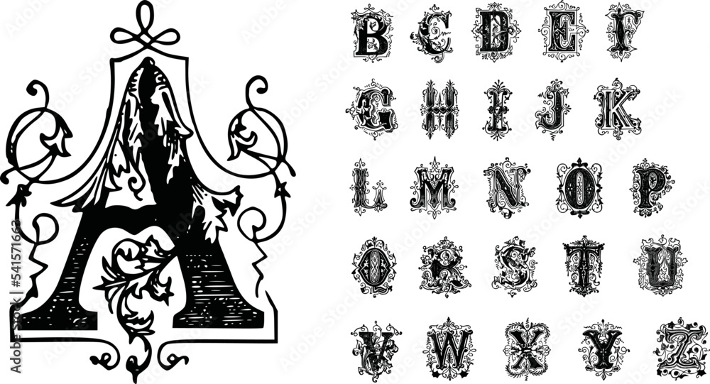 Vintage decorative font, alphabet, vector set of hand drawn decorative ...