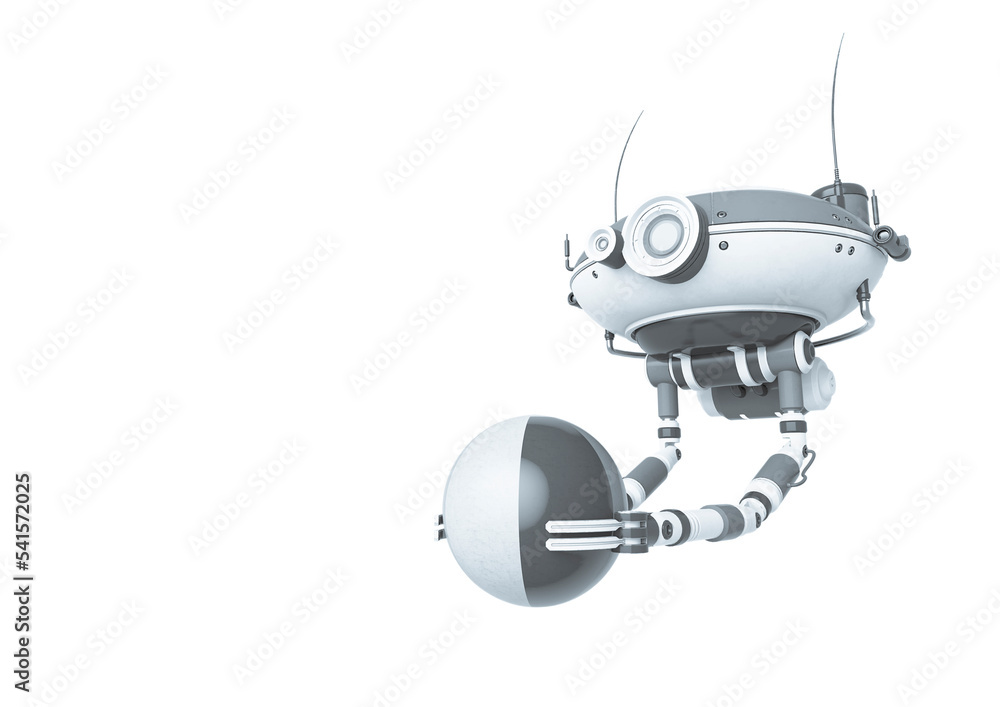 floating robot is holding a beach ball in white background side view ...