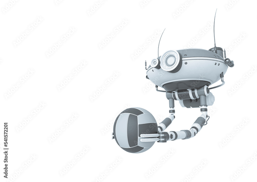 floating robot is holding volleyball ball in white background side view ...