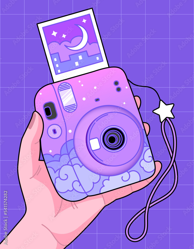 Cute kawaii instant camera. Small mirrorless retro camera. Hand holding ...