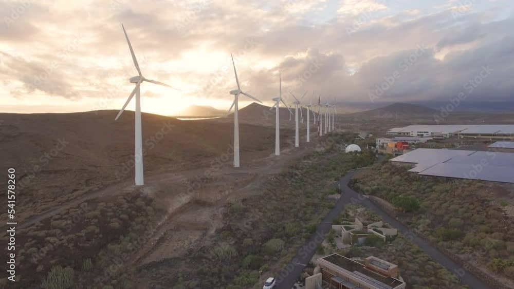 Big wind turbines with blades in the field from a bird's eye view of ...