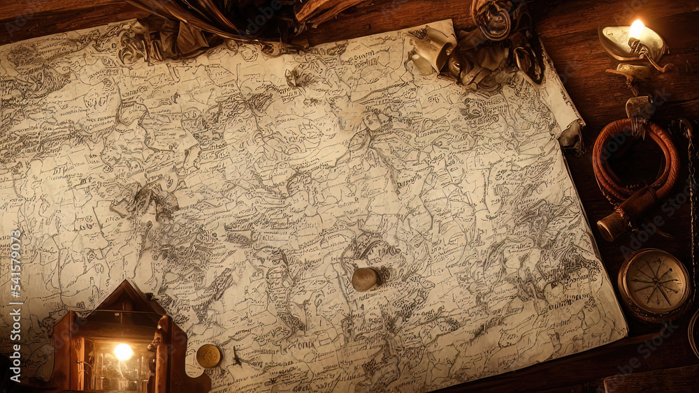 Old treasure map, coins, wind rose, compass. 3D illustration. Stock ...