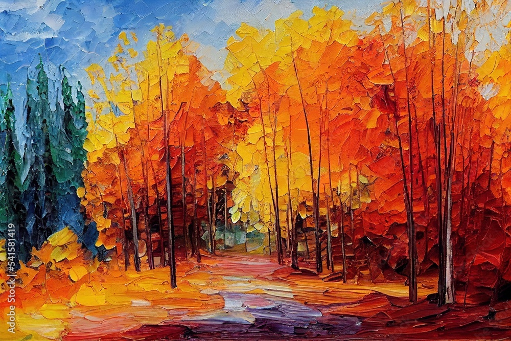 Oil painting landscape, colorful autumn trees. Semi abstract paintings ...