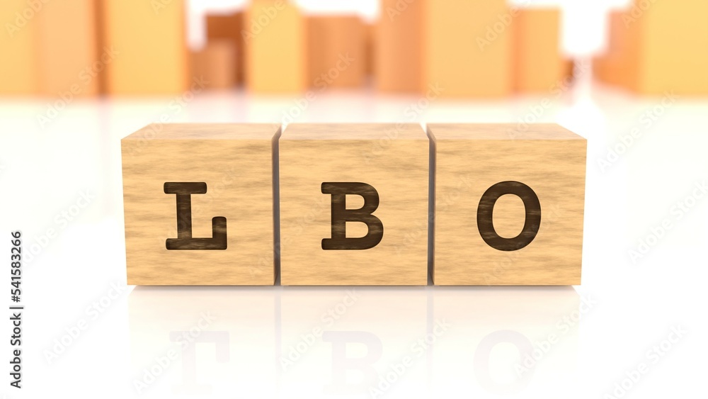 Word LBO branded on wooden cubes reflected on the shiny table. Business ...