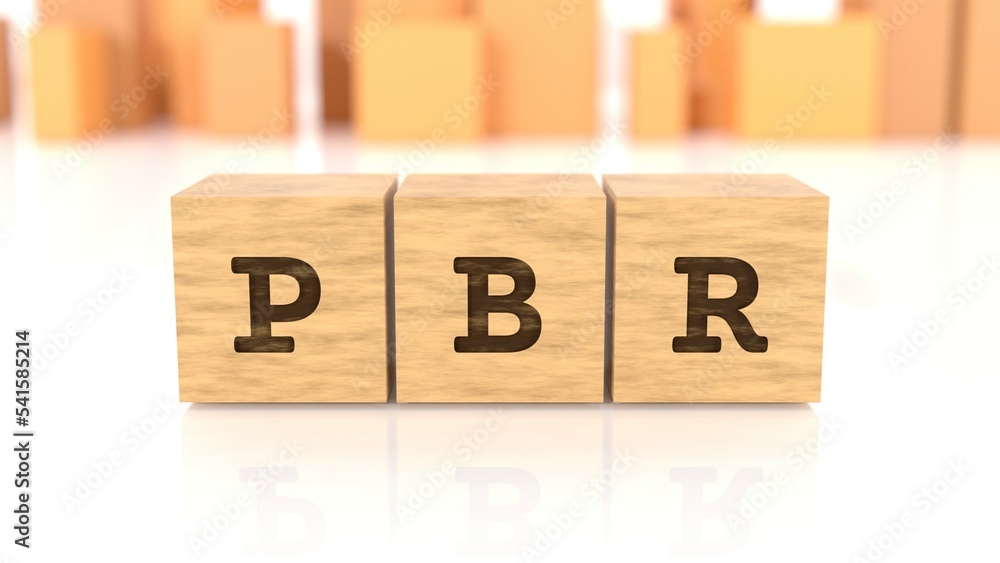 Word PBR carved on wooden cubes reflected on the bright table. Business ...