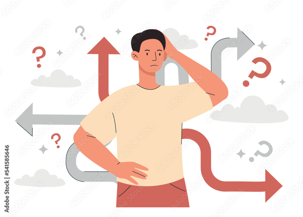 Man making decision. Young guy stands and holds his head with his hand ...