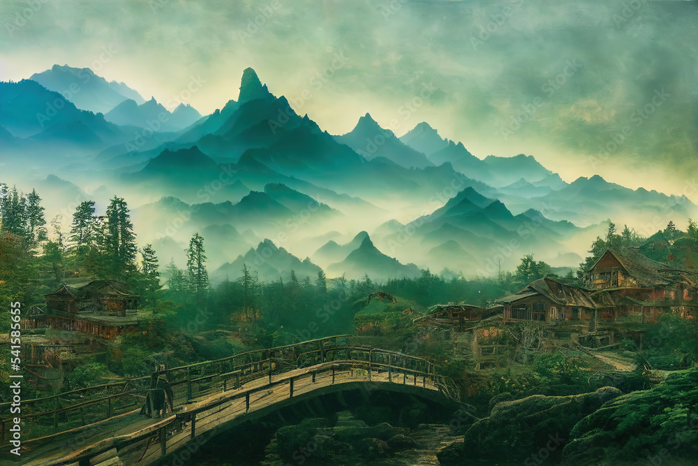 Fantasy concept art featuring wooden footbridge in mountains leading ...