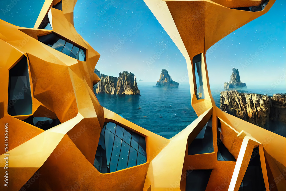 3D render concept art of a geometric, futuristic yellow house facade ...