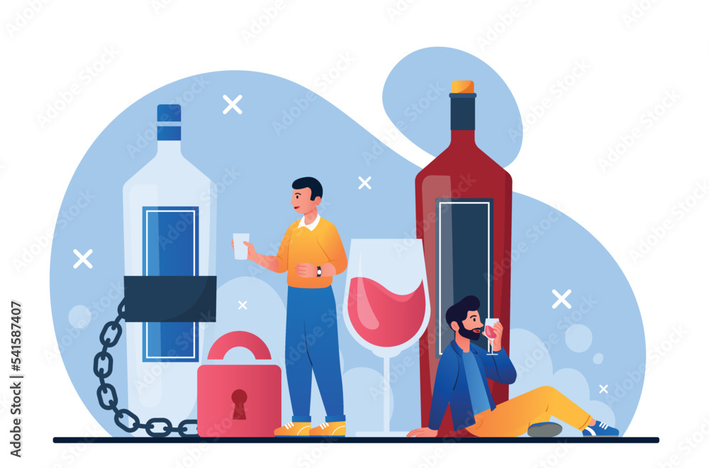 Alcohol addiction concept. Men with bottles and glasses of alcoholic ...