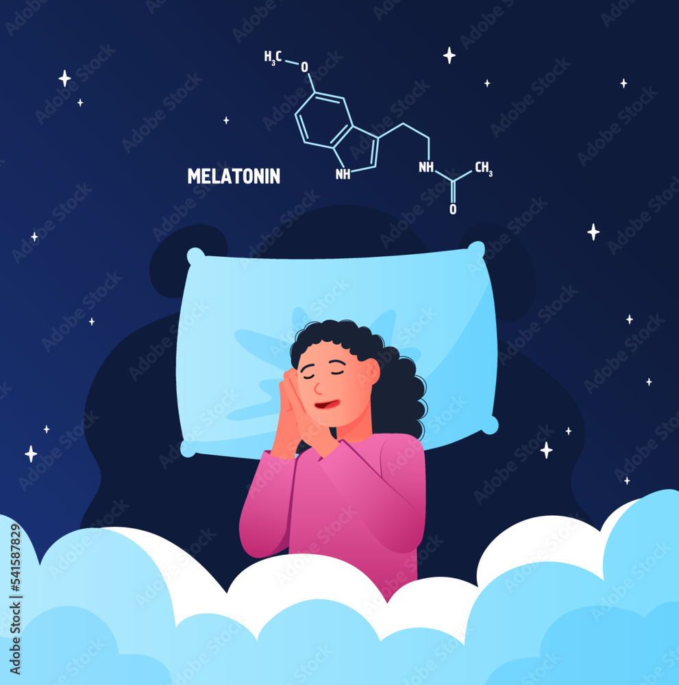 Calm woman sleeping in bed. Woman lies on pillow against background of ...