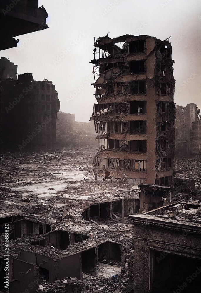 A post-apocalyptic ruined city. Destroyed buildings, destroyed roads ...