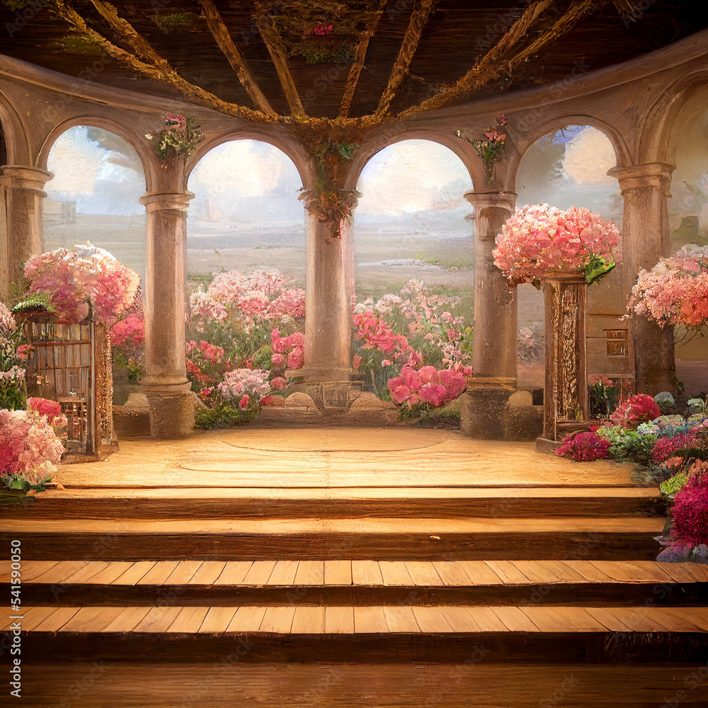 Wooden stage decorated with flowers, fantasy wedding podium digital ...