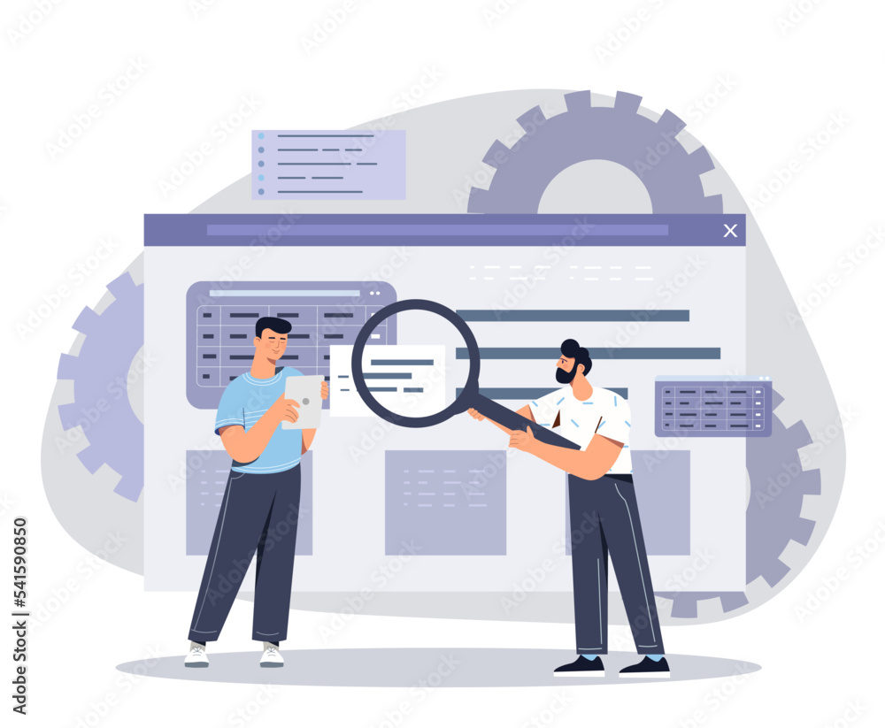 Stockvector Software development concept. Two men writing code for ...