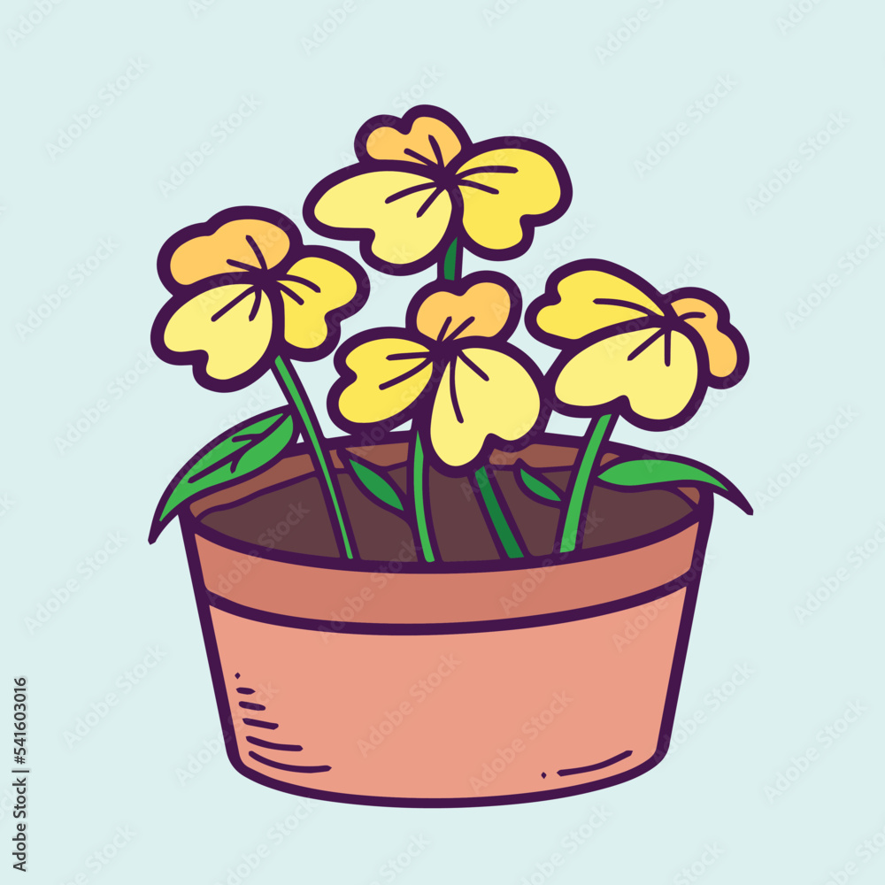 Cute yellow flowers in a small clay brown pot. Vector illustration with ...