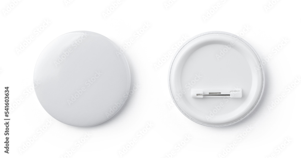 White blank badge. Glossy round button. Pin badge mockup isolated on ...