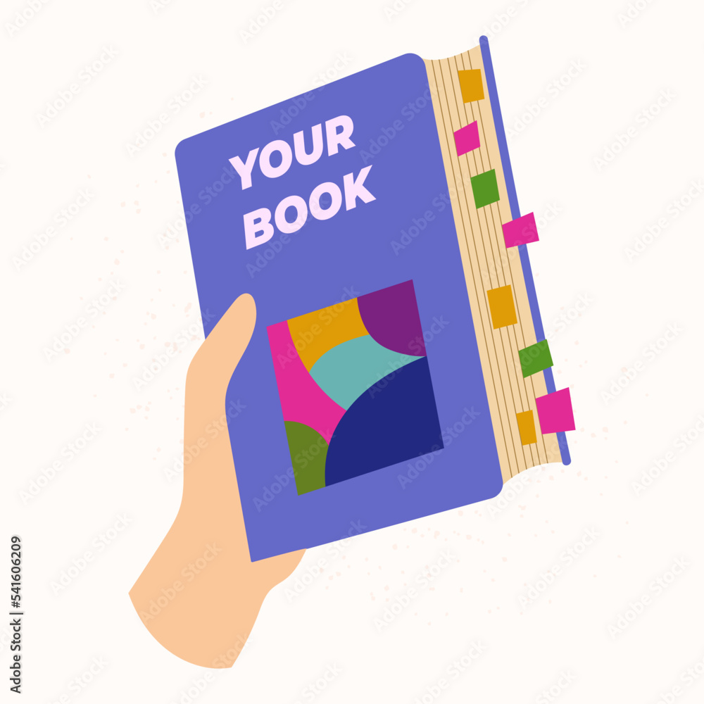 Hand holding a book with bookmarks cartoon vector illustration. Hand ...