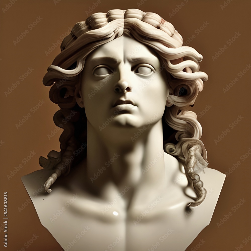 3D illustration of a white marble bust of Medusa, otherwise known as ...