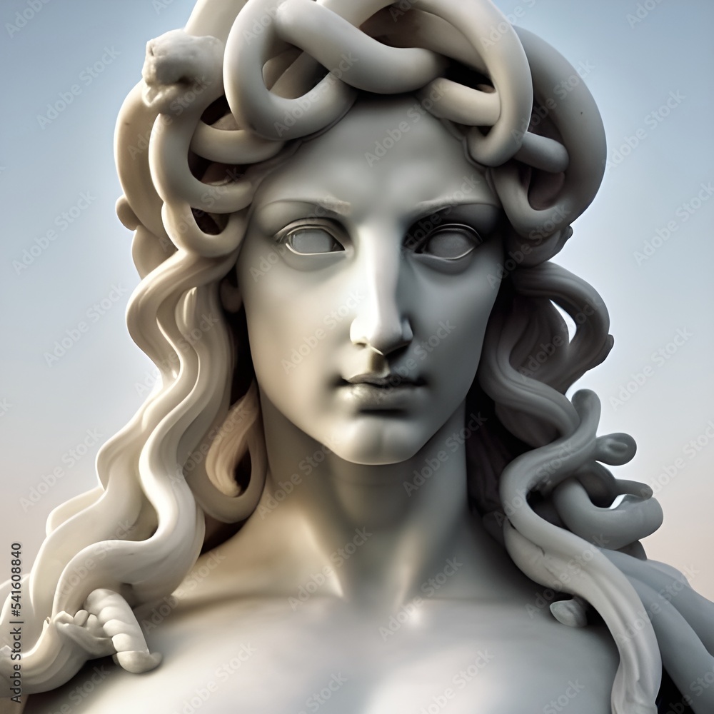 3D illustration of a white marble bust of Medusa, otherwise known as ...