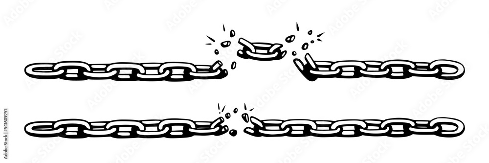 Broken chain with shatters as symbol of strength and freedom. Sketch of ...