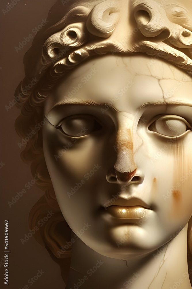 3D illustration featuring the white marble face of a female sculpture ...