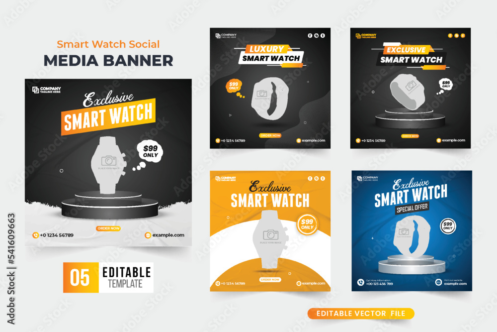 Wrist Watch sale web banner template set design with dark and yellow ...