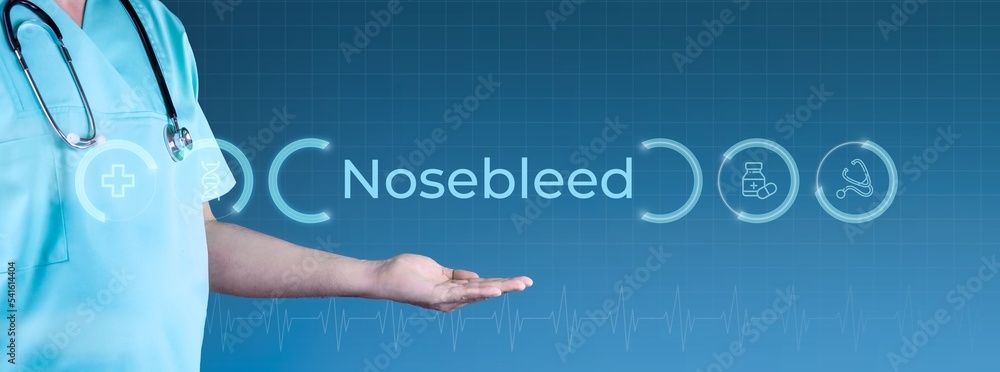 Nosebleed (epistaxis). Doctor stretches out hand. Interface with text ...