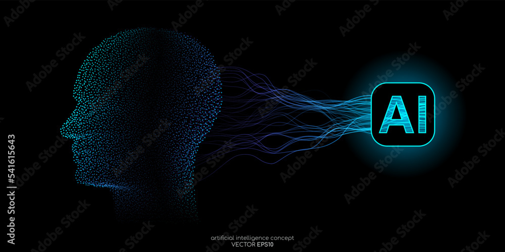Vector illustration human head dot particles blue light and neural ...